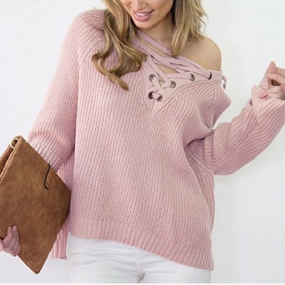 Sweaters | Pink Lace Up V Neck Chunky Knit Sweater Size M | Poshmark